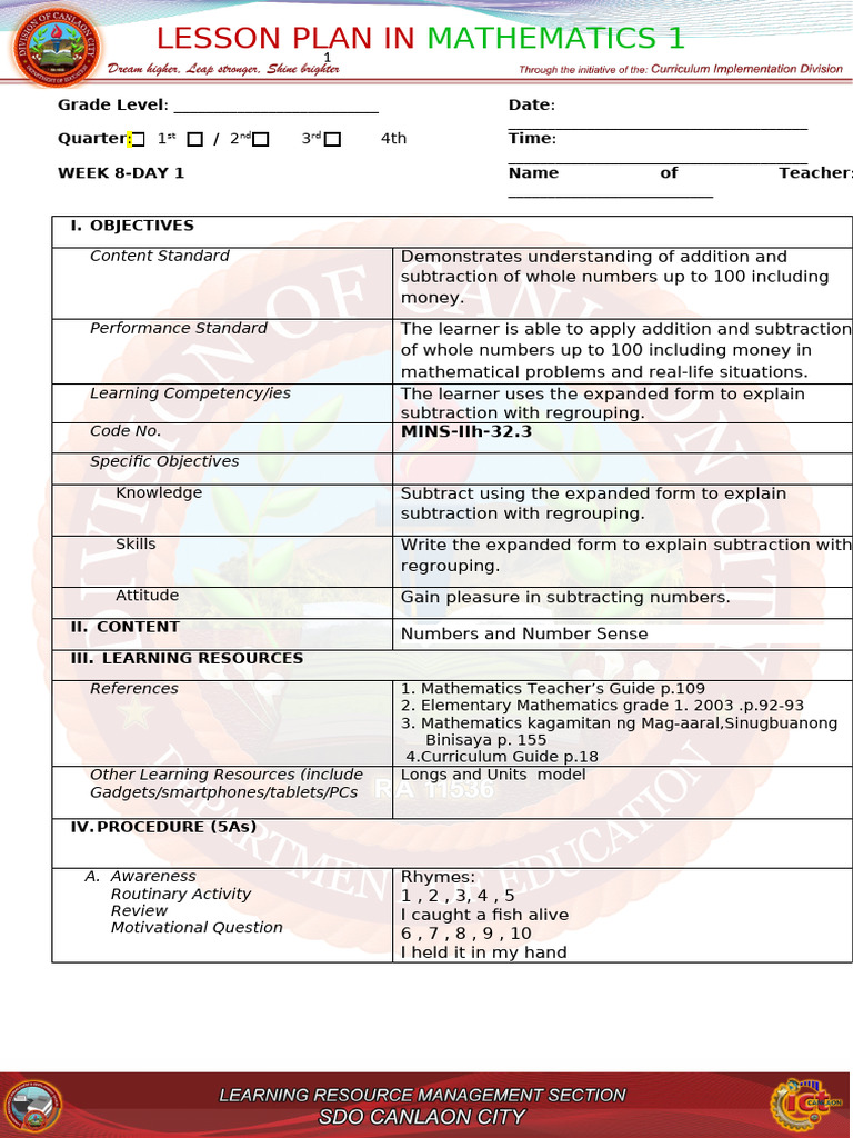 q2 LP Math 1 Week 8 Day 1 | PDF | Subtraction | Pedagogy