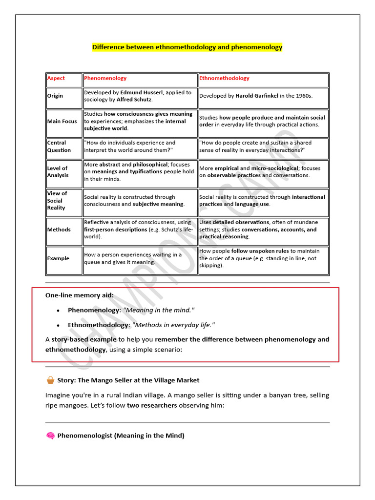 Difference Between Ethnomethodology and Phenomenology 1 | PDF ...