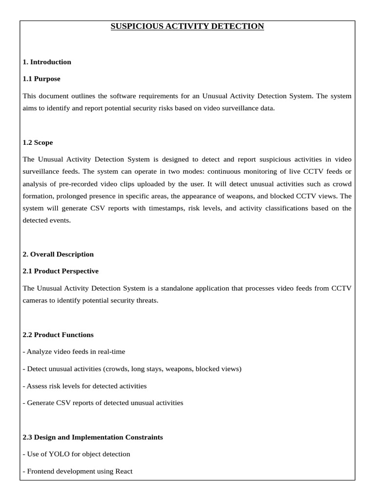 Suspicious Activity Detection SRS | PDF | Closed Circuit Television ...
