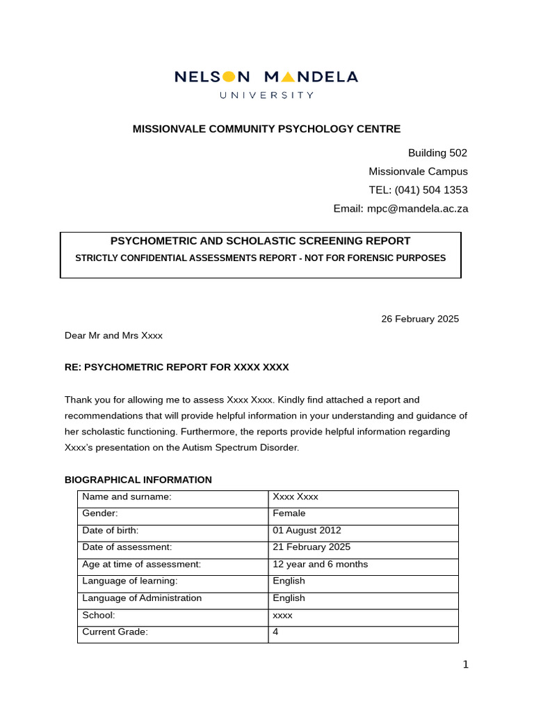Psychological Assessment For Autism Report Template | PDF | Wechsler ...