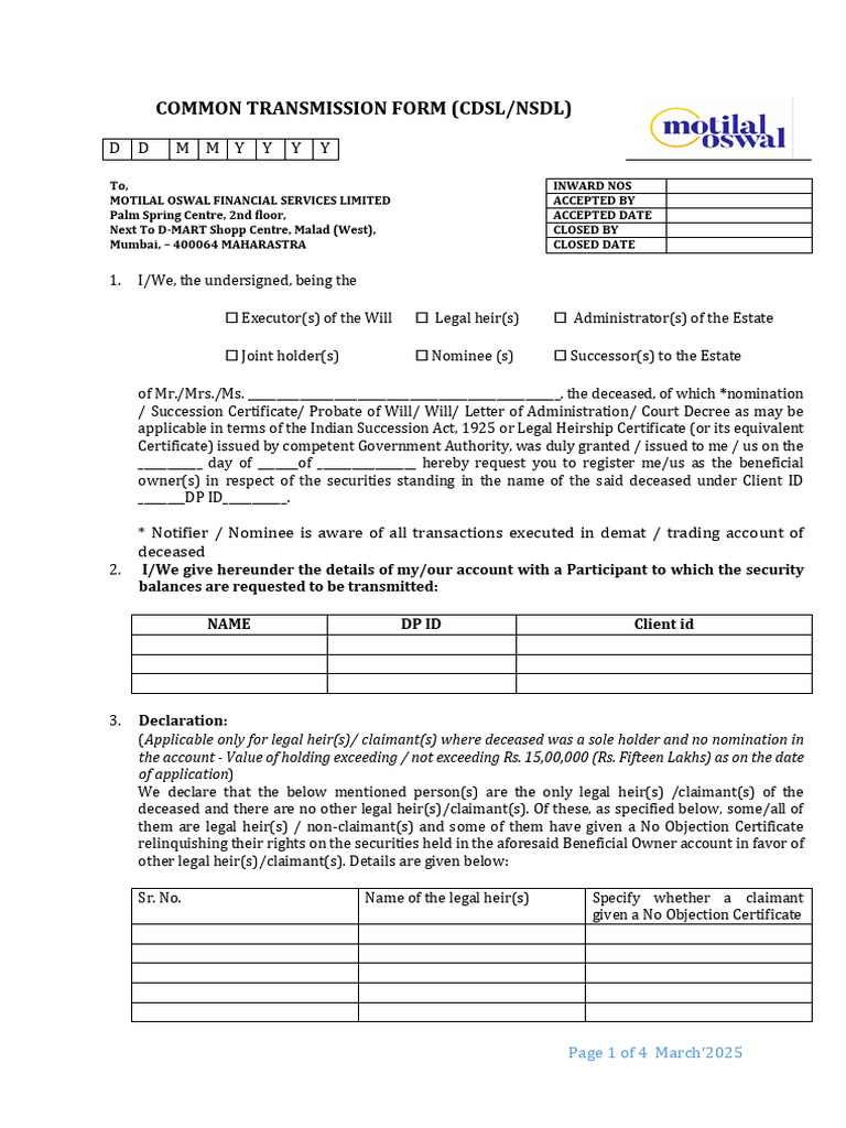 Common Transmission Form (CDSL NSDL) | PDF | Notary Public | Probate