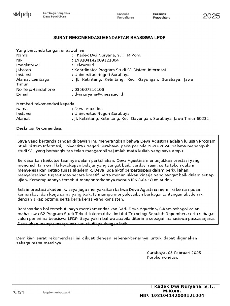 Surat Rekomendasi Beasiswa LPDP | PDF