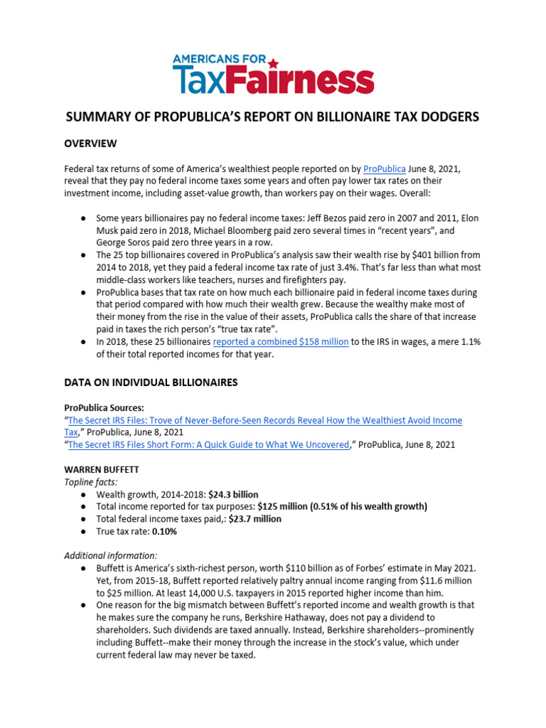 ProPublica Billionaires Fact Sheet Updated | PDF | Dividend | Taxes