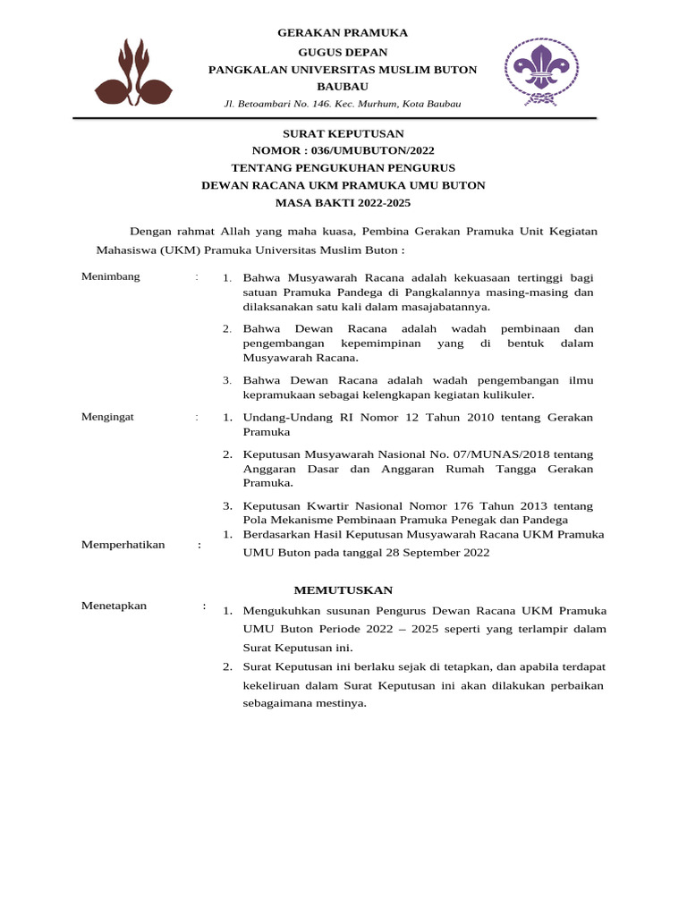 Contoh SK Pengurus Pramuka | PDF