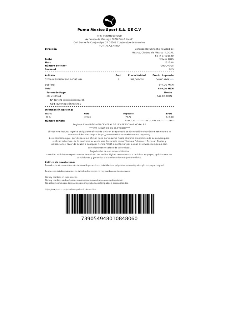 Puma Mexico Sport S.A. de C.V - Receipt - 20250312 - 151548 | PDF | Factura