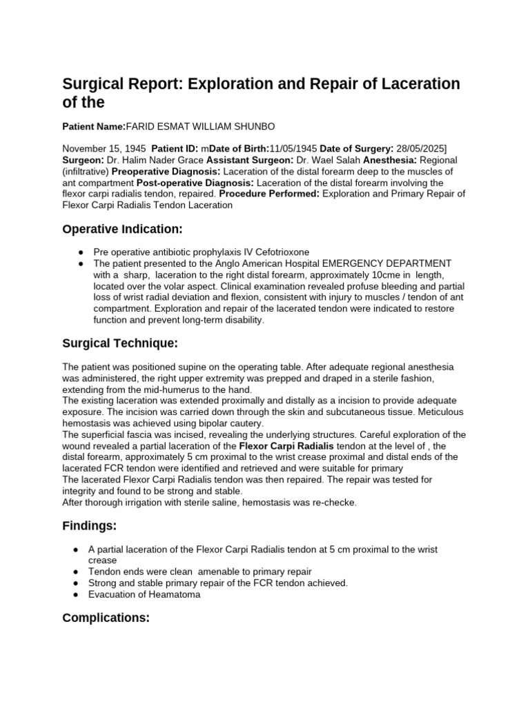 Forearm Tendon Laceration Repair Report | PDF | Surgery | Wound