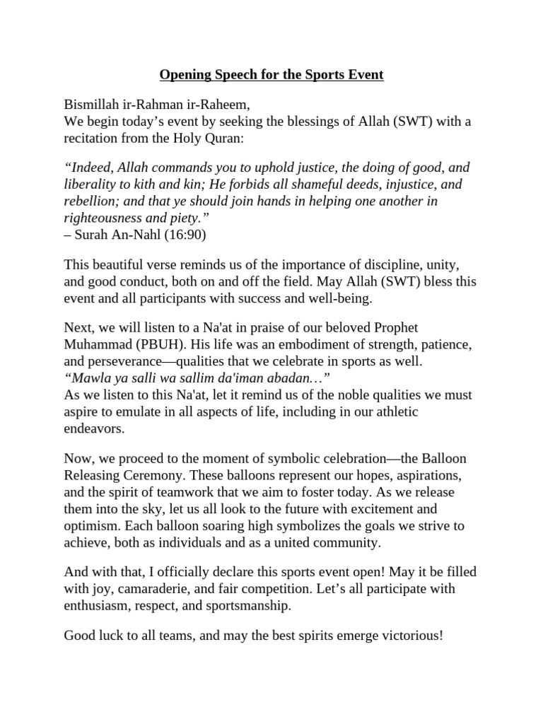 Opening Speech For The Sports Event Pdf Abrahamic Religions Quran
