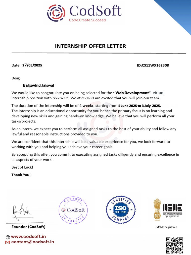 Balgovid Jaiswal Codesoft Internship Offer Letter | PDF