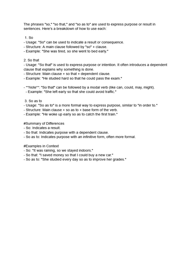 Understanding "So," "So That," and "So As To" | PDF