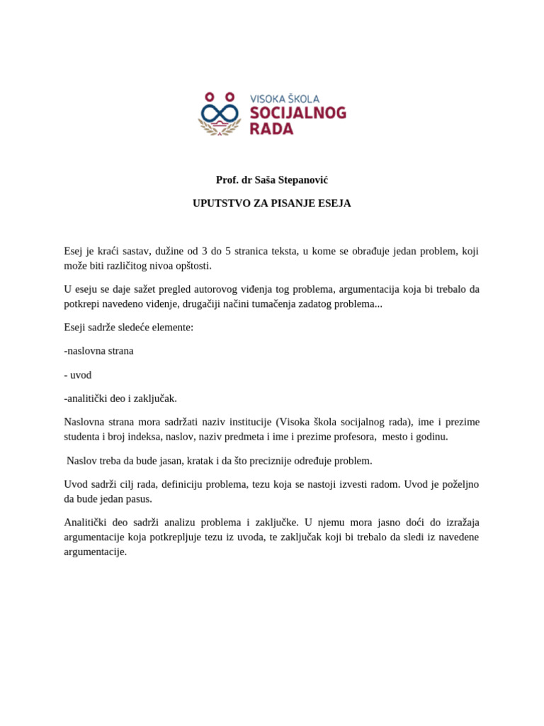 Uputstvo Za Pisanje Eseja | PDF