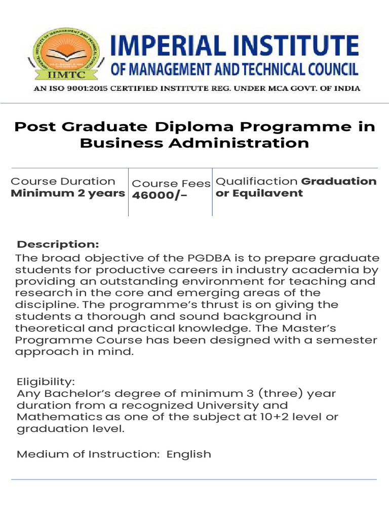 Post Graduate Diploma Programme in Business Administration (PGDBA) | PDF