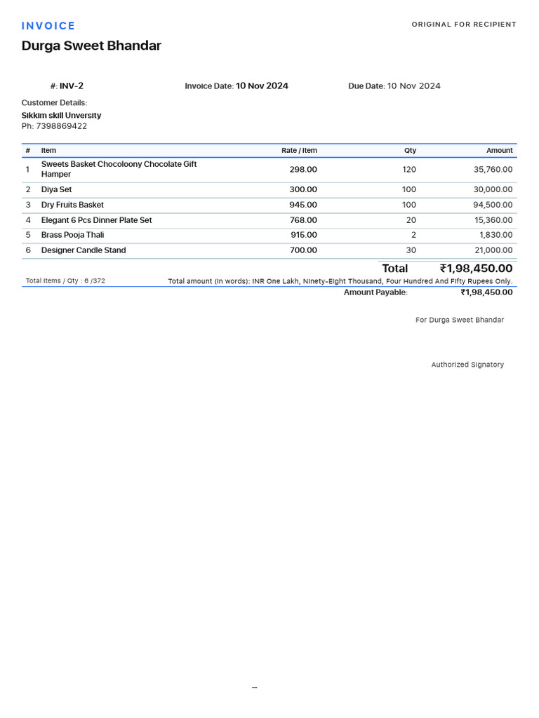 Durga Sweets Bhandar Inv-002 | PDF