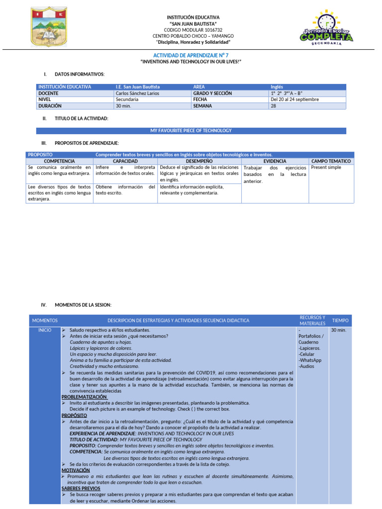 7 Sesión de Aprendizaje Ingles 1 2 3 Semana 28 | PDF | Aprendizaje ...