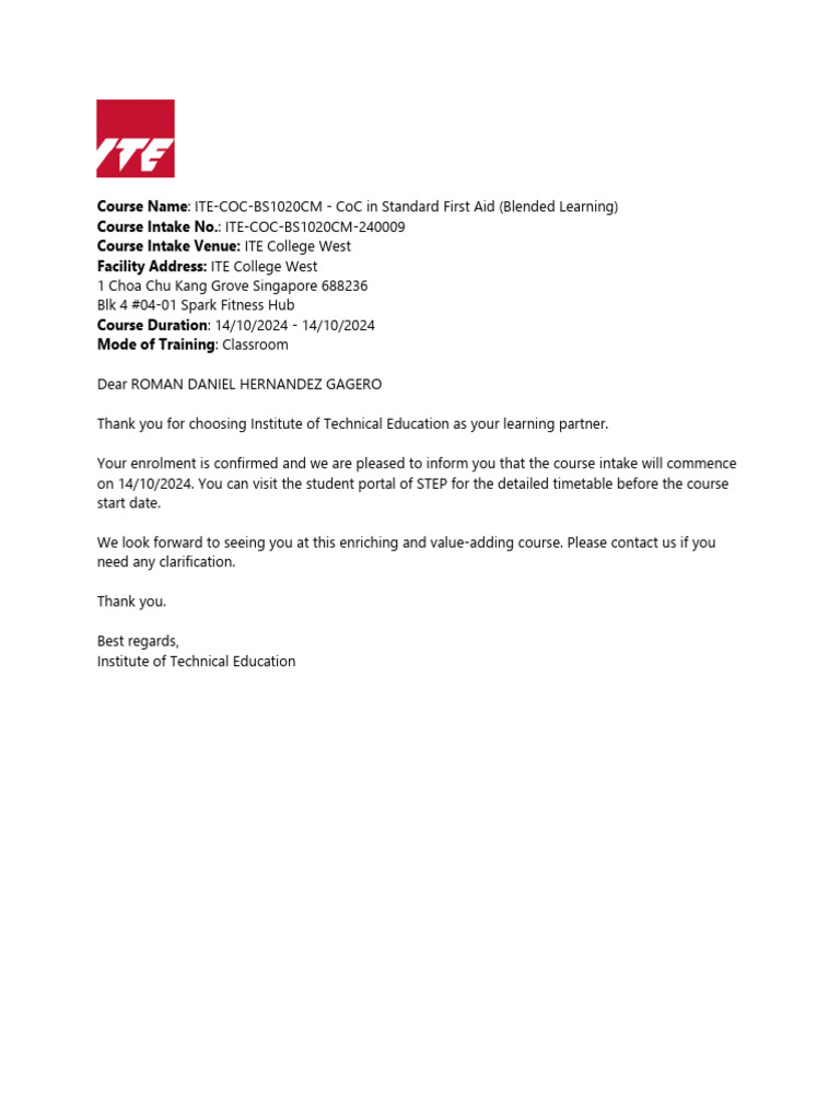 Class Confirmation - ITE-COC-BS1020CM CoC in Standard First Aid ...