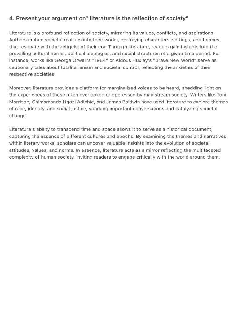 Present Your Argument On" Literature Is The Reflection of Society | PDF