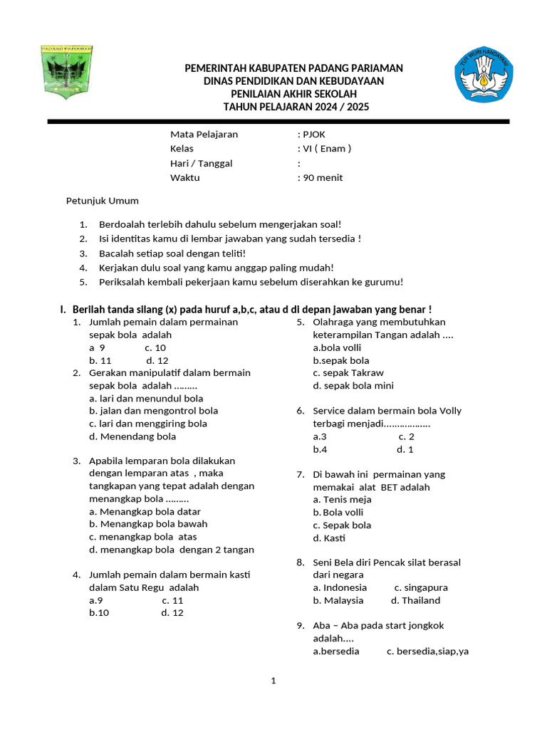 Soal Ujian Sekolah 2024 2025 Pjok Kelas 6 (Feri Supriadi) | PDF