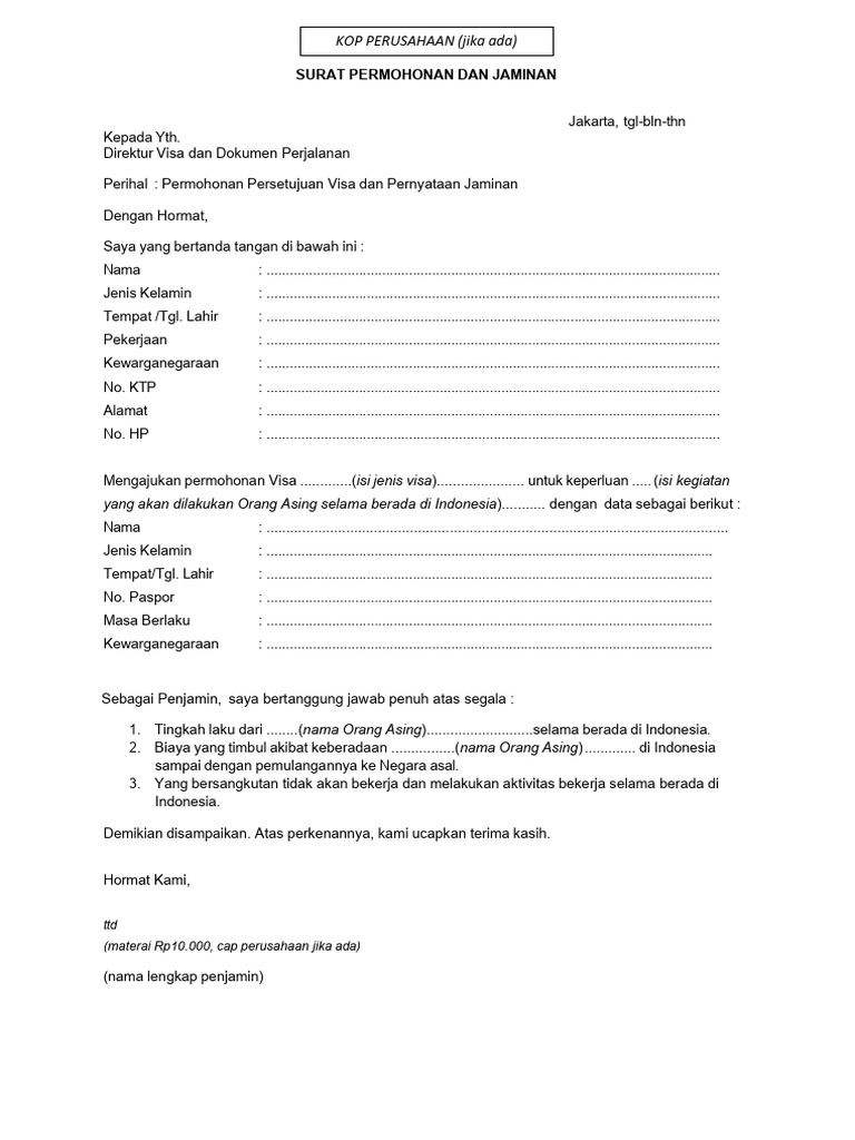 Template Contoh Surat Permohonan Dan Jaminan | PDF