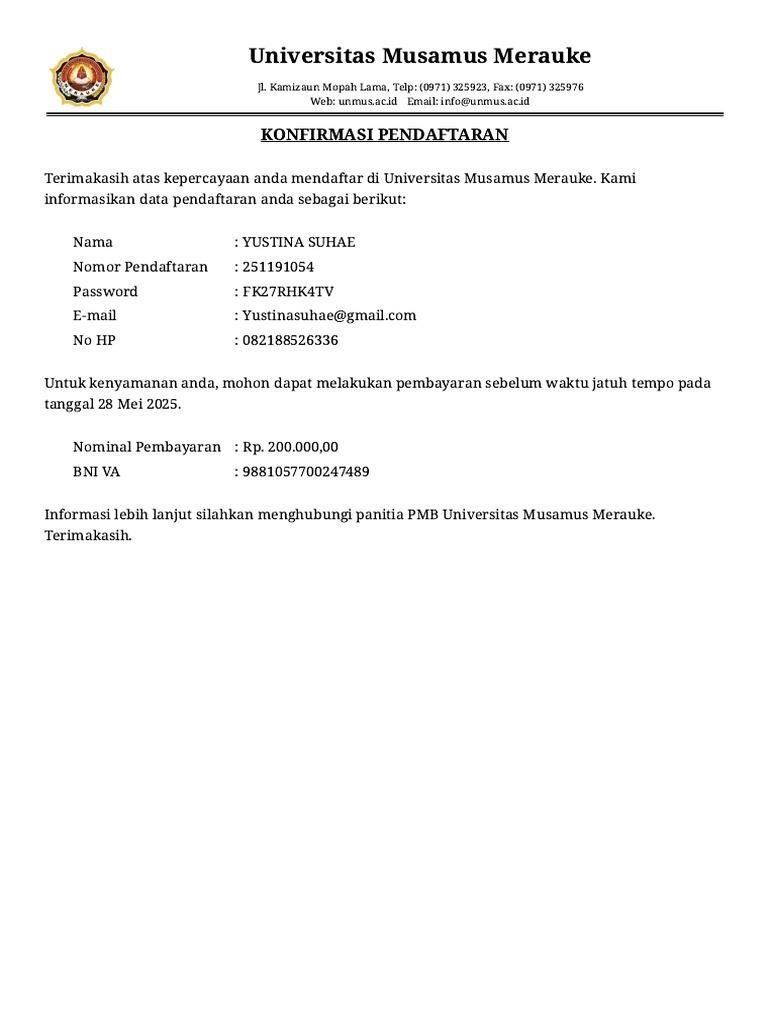 Konfirmasi Pendaftaran Unmus 2025 | PDF