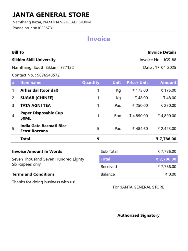 Invoice JGS-88 for Janta General Store | PDF
