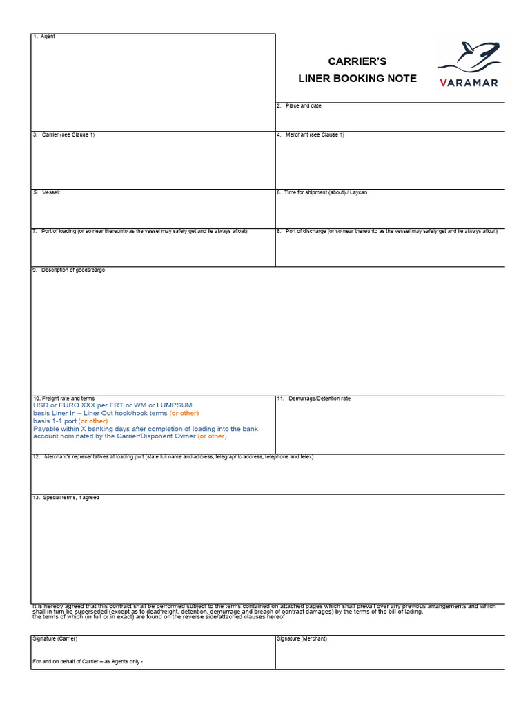 VARAMAR - CARRIER'S BOOKING NOTE - Rev. 12.2023 | PDF | Cargo