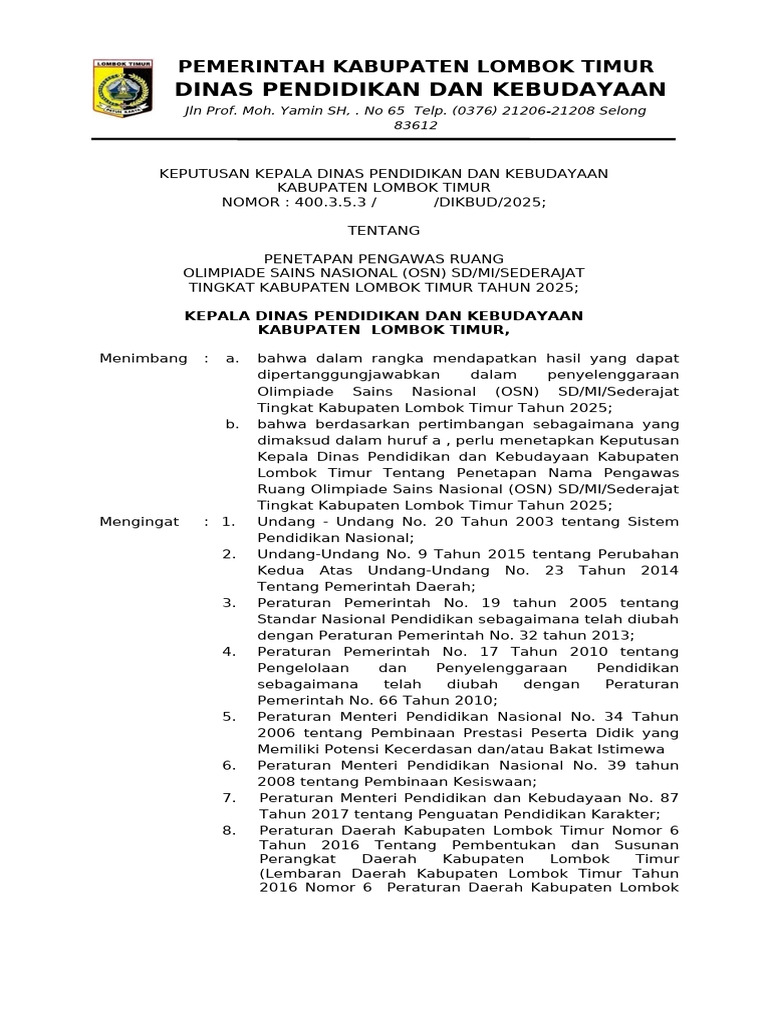 Sk. Pengawas Ruang Osn SD 2025 - Revisi | PDF