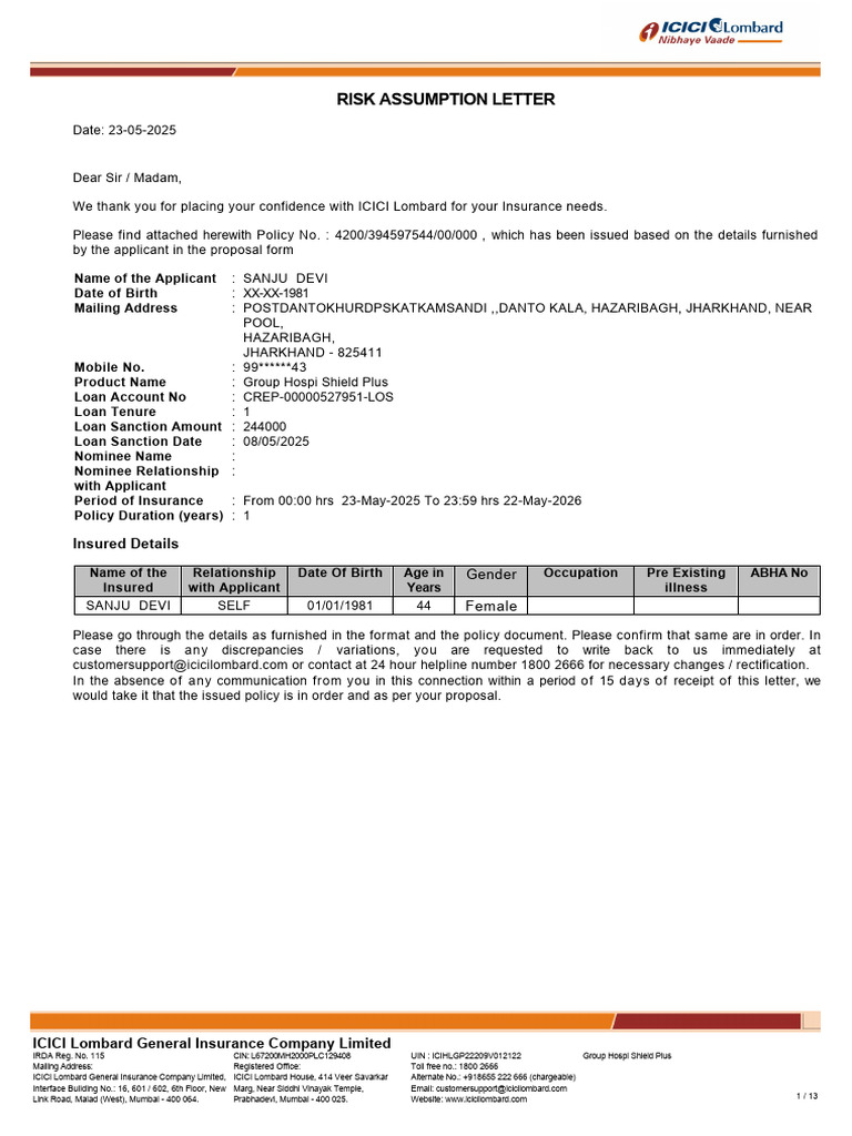 Risk Assumption Letter: Insured Details | PDF | Insurance | Infection