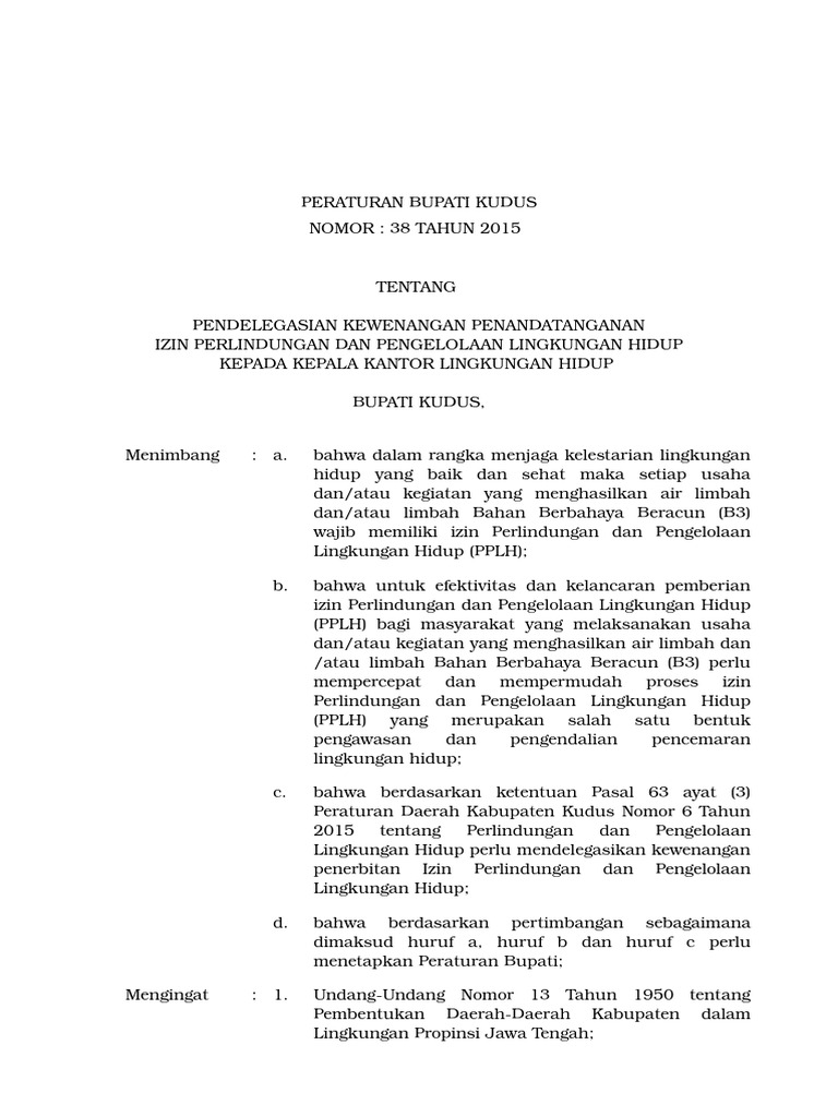 Perbup No 38 TH 2015 Pendelegasian Izin PPLH-sign | PDF