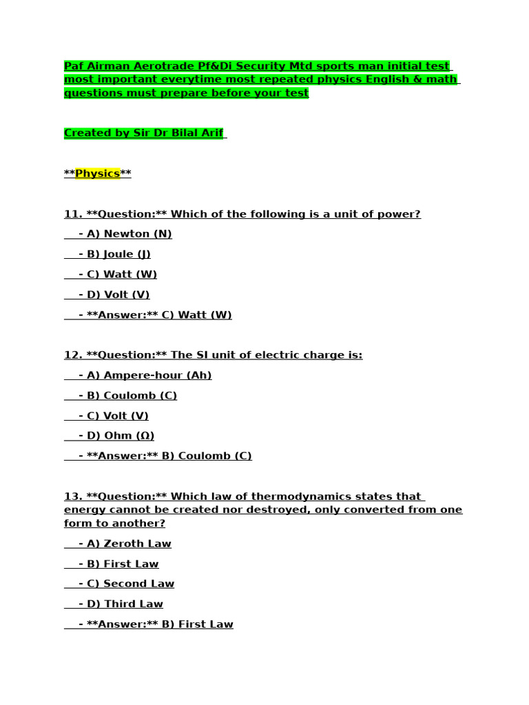 Paf Physics Math&English Airman Aerotrade Pf&Di Etc Mcqs Important ...