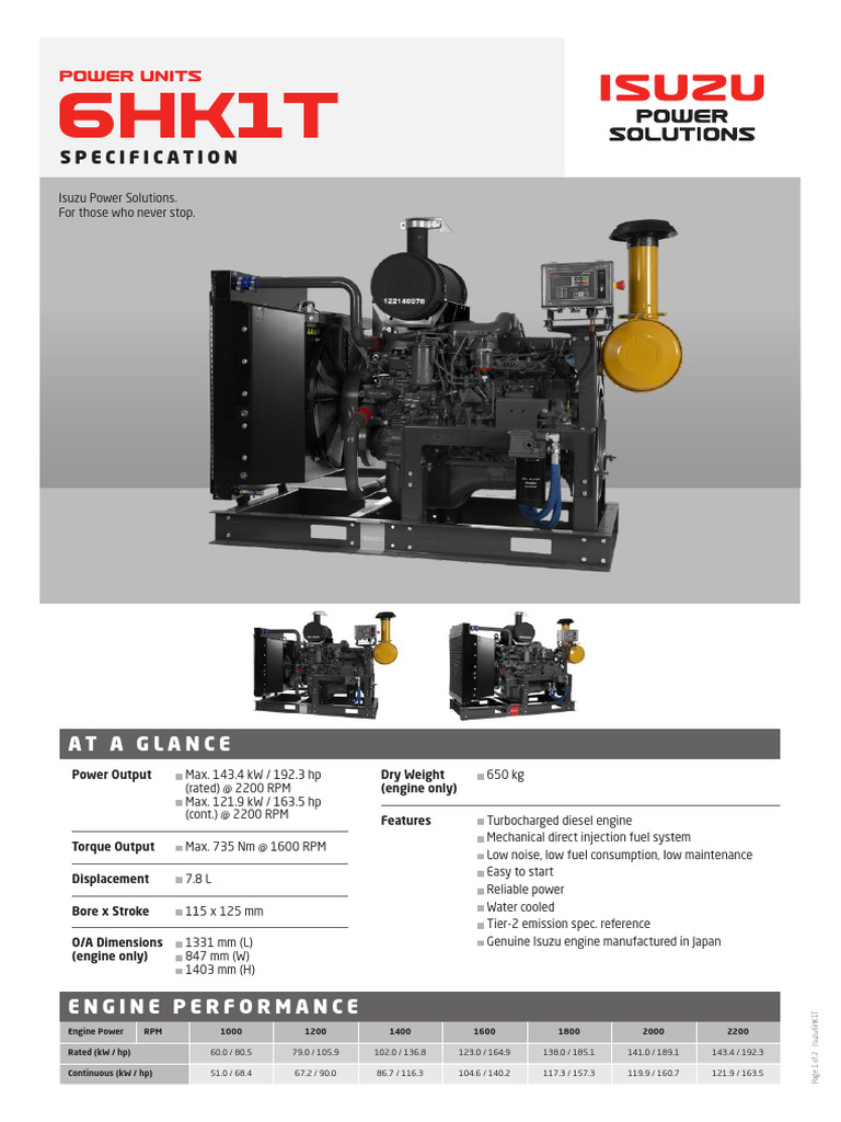 ISZ IPS Engine Spec Sheet Power-Units 6HK1T-V8 | PDF | Engines | Diesel ...