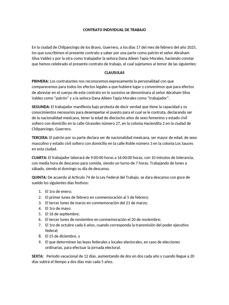 Contrato Individual de Trabajo.......... | PDF