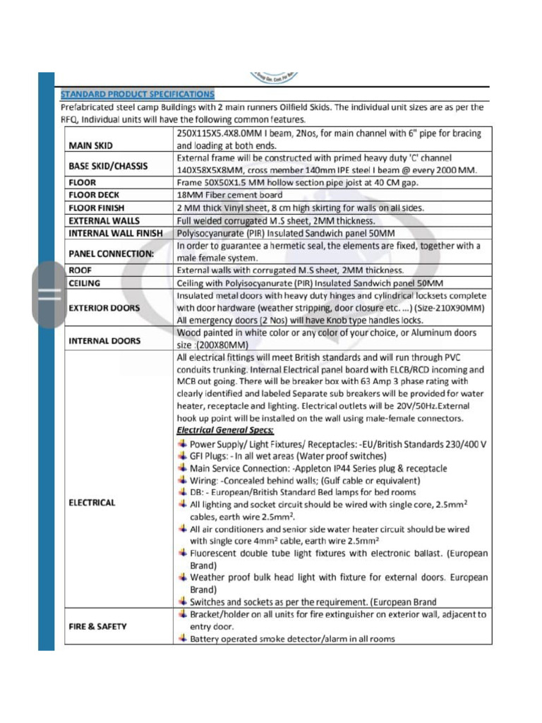 Spec For Rig Cabin | PDF