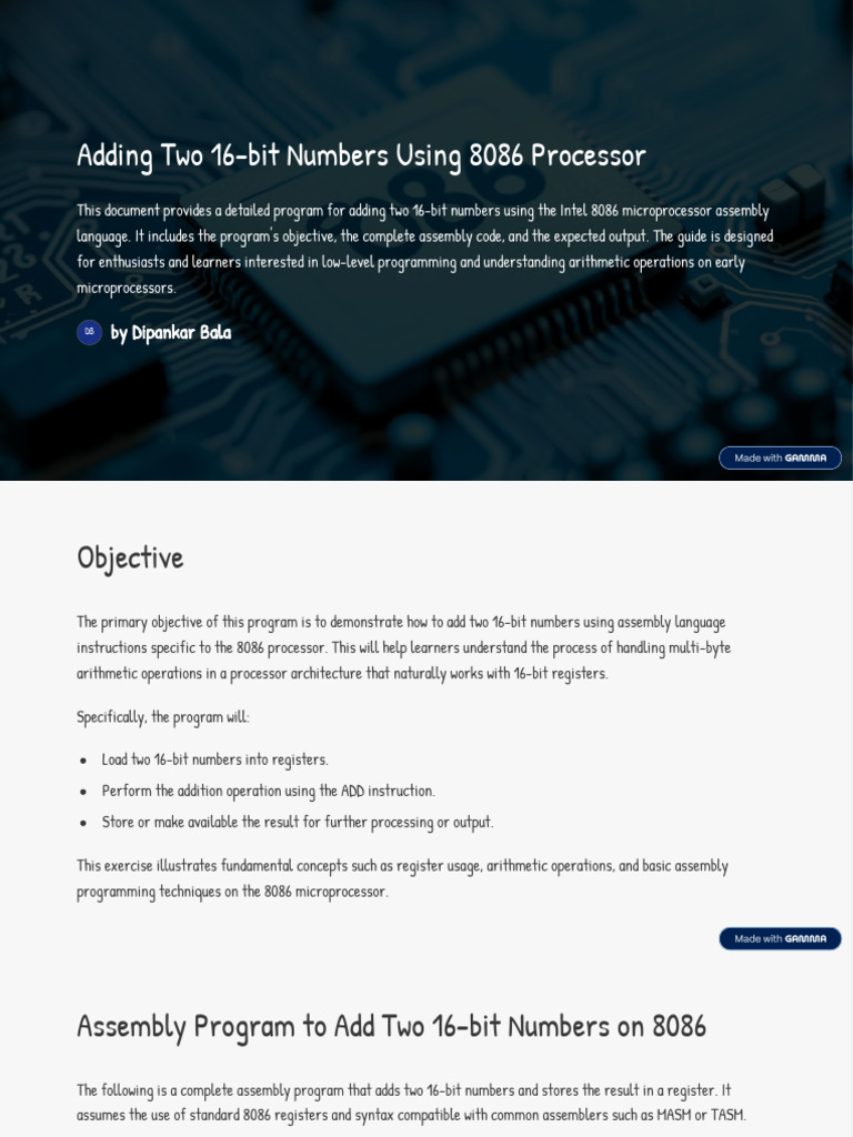 Adding Two 16 Bit Numbers Using 8086 Processor | PDF | Computer Program | Programming