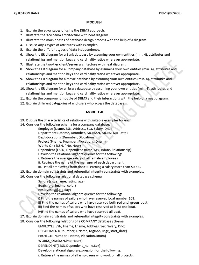 BCS403 DBMS Question - Bank CIE1 | PDF | Databases | Database Design