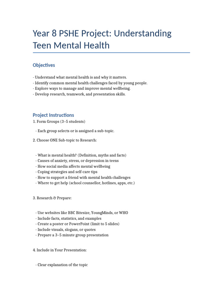 Year 8 PSHE Mental Health Project | PDF