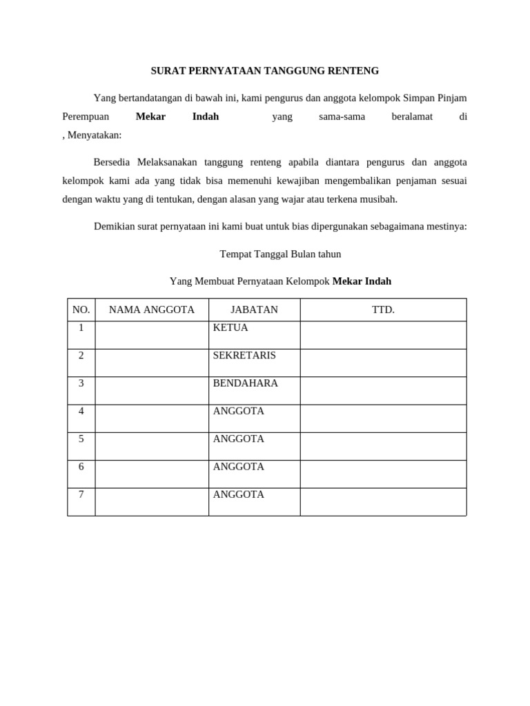 Surat Pernyataan Tanggung Renteng | PDF