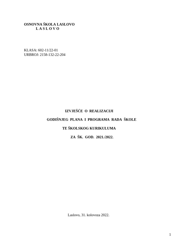 Realizacija God - Plana I Programa Rada Skole U 2021-2022 Sk. Godini | PDF