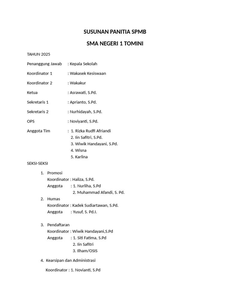 Susunan Panitia SPMB 2025 SMA 1 Tomini | PDF