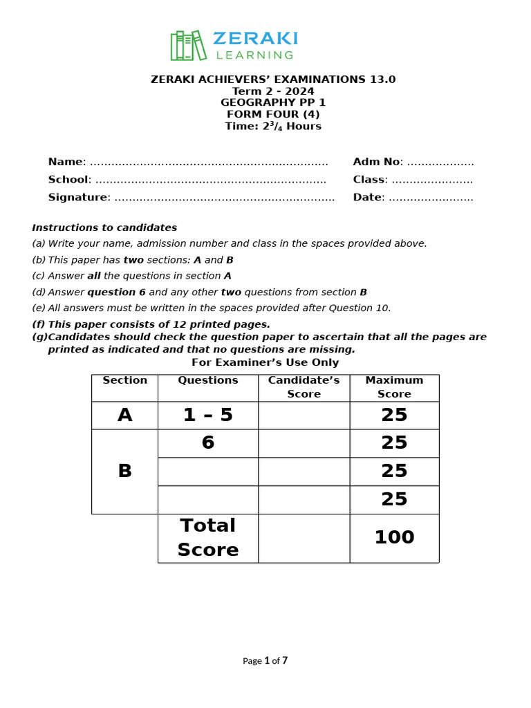 Geography - Paper 1 - Question Paper | PDF | Glacier | Mountains