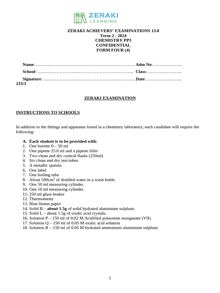 Zeraki Form 3 Term 2 Chemistry Exam | PDF
