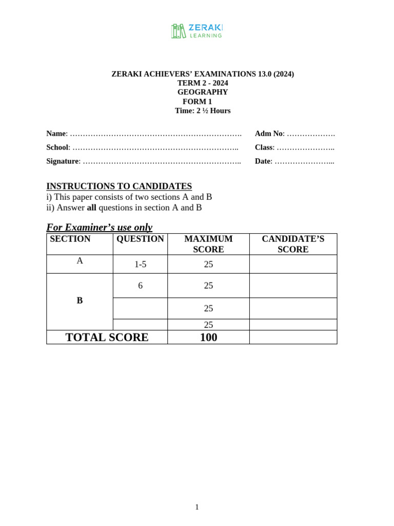 Geography Exam Paper for Form 1 | PDF | Rock (Geology) | Physical Sciences