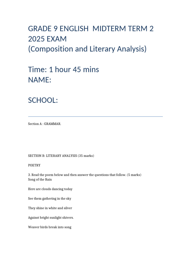Grade 9 English Pp2 End Term 1 2025 Exam Ocr | PDF