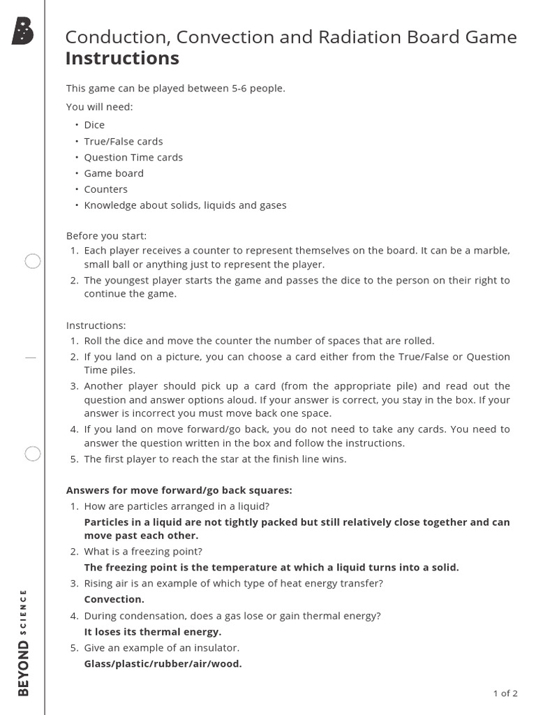 Conduction, Convection and Radiation Board Game Instructions | PDF