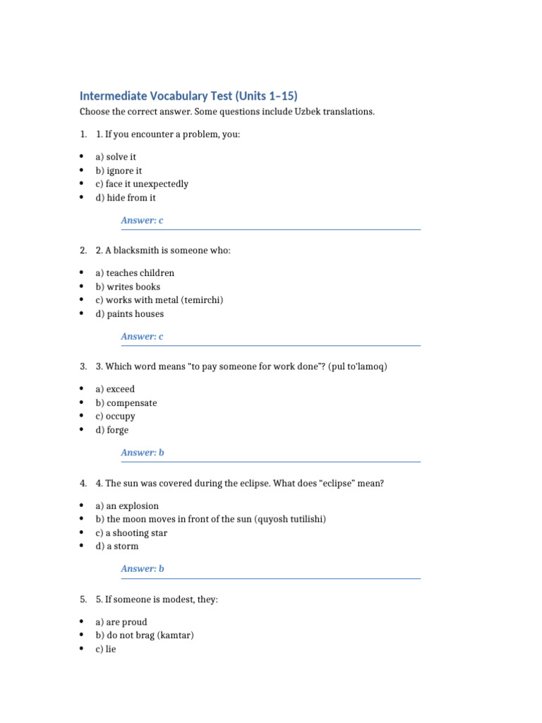 Intermediate Vocab Test Units 1-15 With Answers | PDF | Chess Openings ...