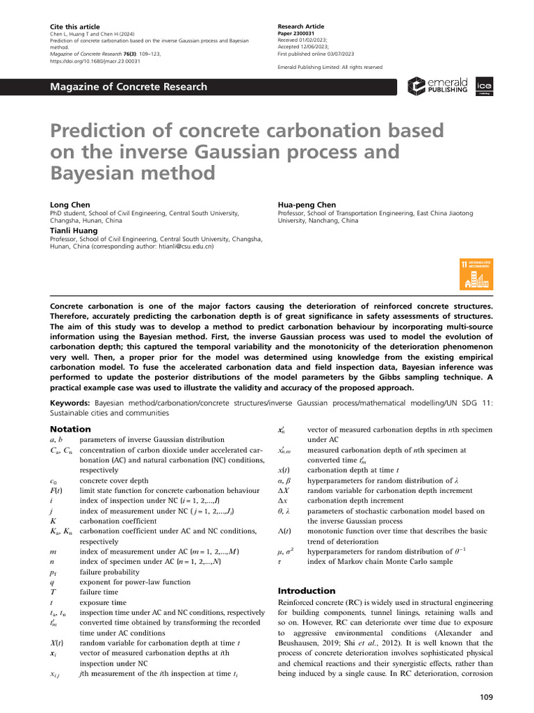 Prediction of Concrete Carbonation Based on the Inverse Gaussian Process and Bayesian Method ...