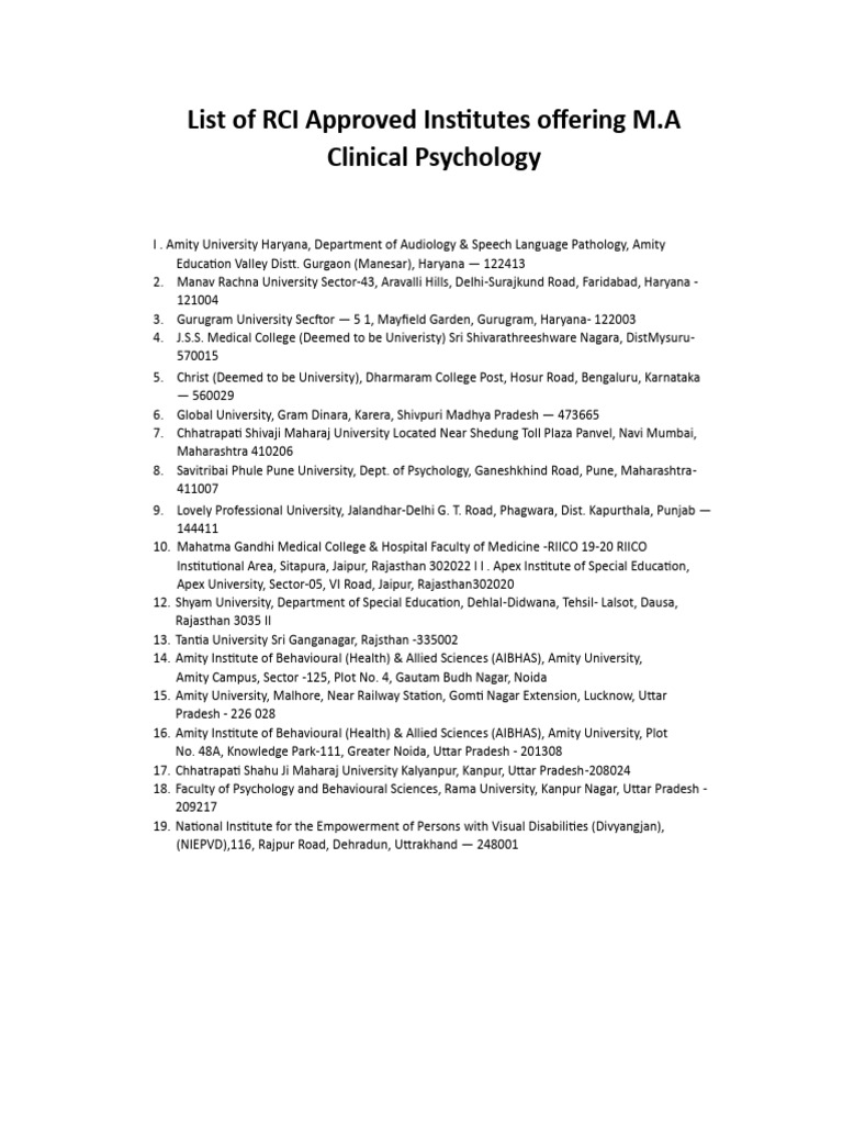 List of RCI Approved Institutes M.A. Clinical Psychology | PDF