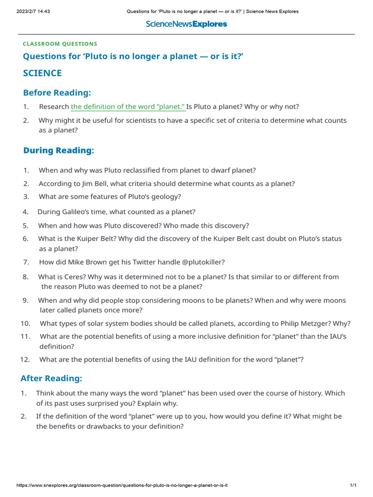 Classroom Questions on Pluto's Status | PDF