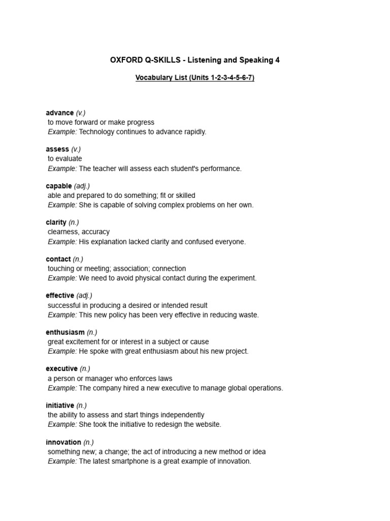 OXFORD Q-SKILLS - Listening and Speaking 4 Vocab. List Units 1-7 | PDF ...