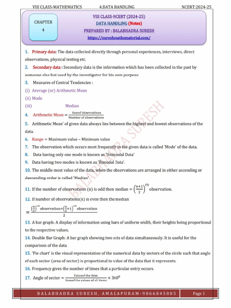 Viii Ncert2024!25!4.Data Handling Notes Wbimg | PDF