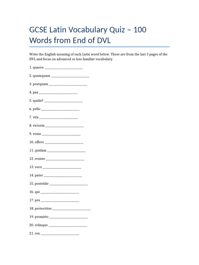 GCSE Latin DVL Last 3 Pages Quiz 100 | PDF