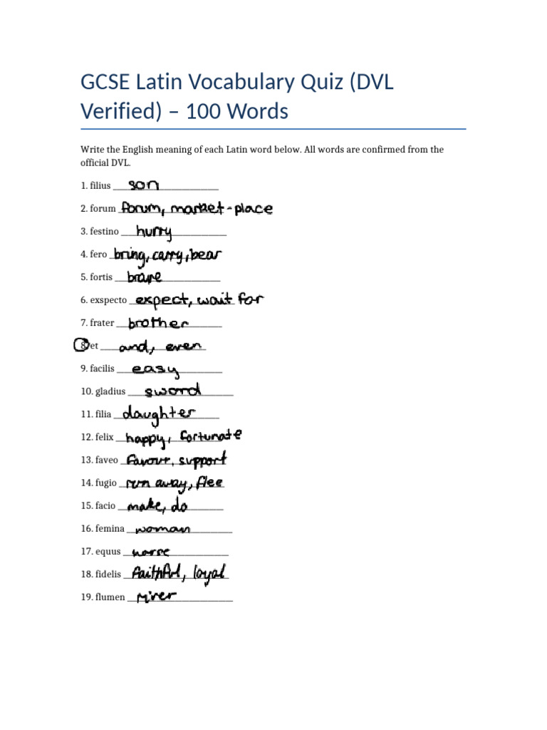 GCSE - Latin - DVL - Official - 100 - Word - Quiz 2 | PDF